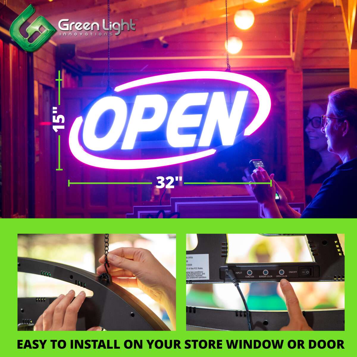 Bluetooth App Enabled led open Sign | Green Light Innovations #1 USA